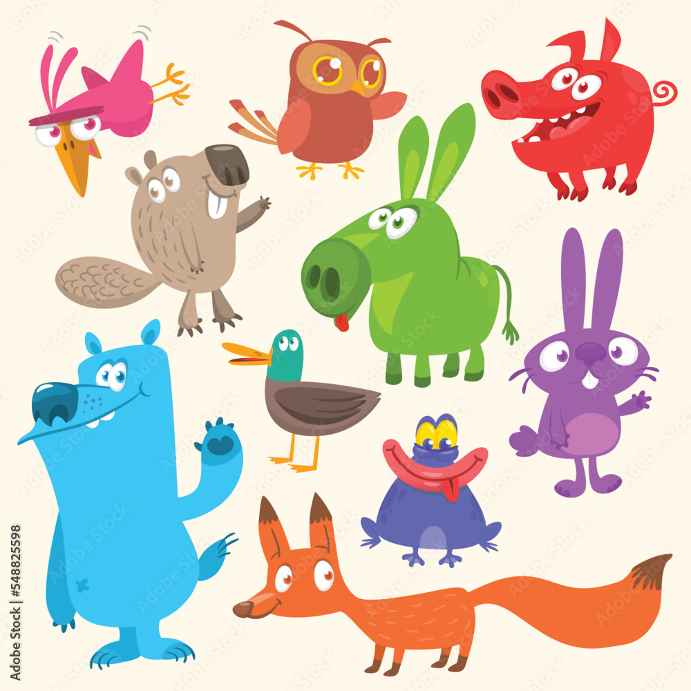 Set of funny animals isolated on white background. Cartoon fox owl ...