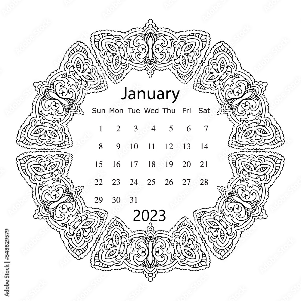 PrintAdult coloring page with monthly calendar of 2023 year isolated on ...