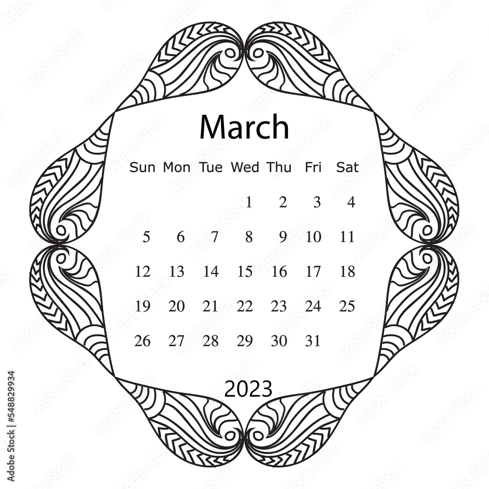 PrintAdult coloring page with monthly calendar of 2023 year isolated on ...