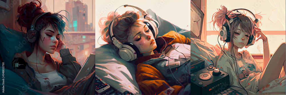 Lofi girl laying on the bed. Smooth atmosphere, hip hop. Soft colors ...