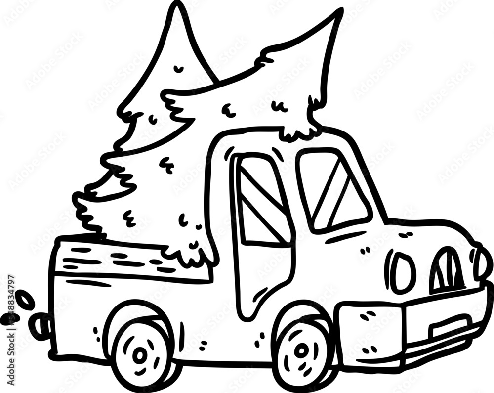 line drawing of a pickup truck carrying christmas trees Stock Vector ...