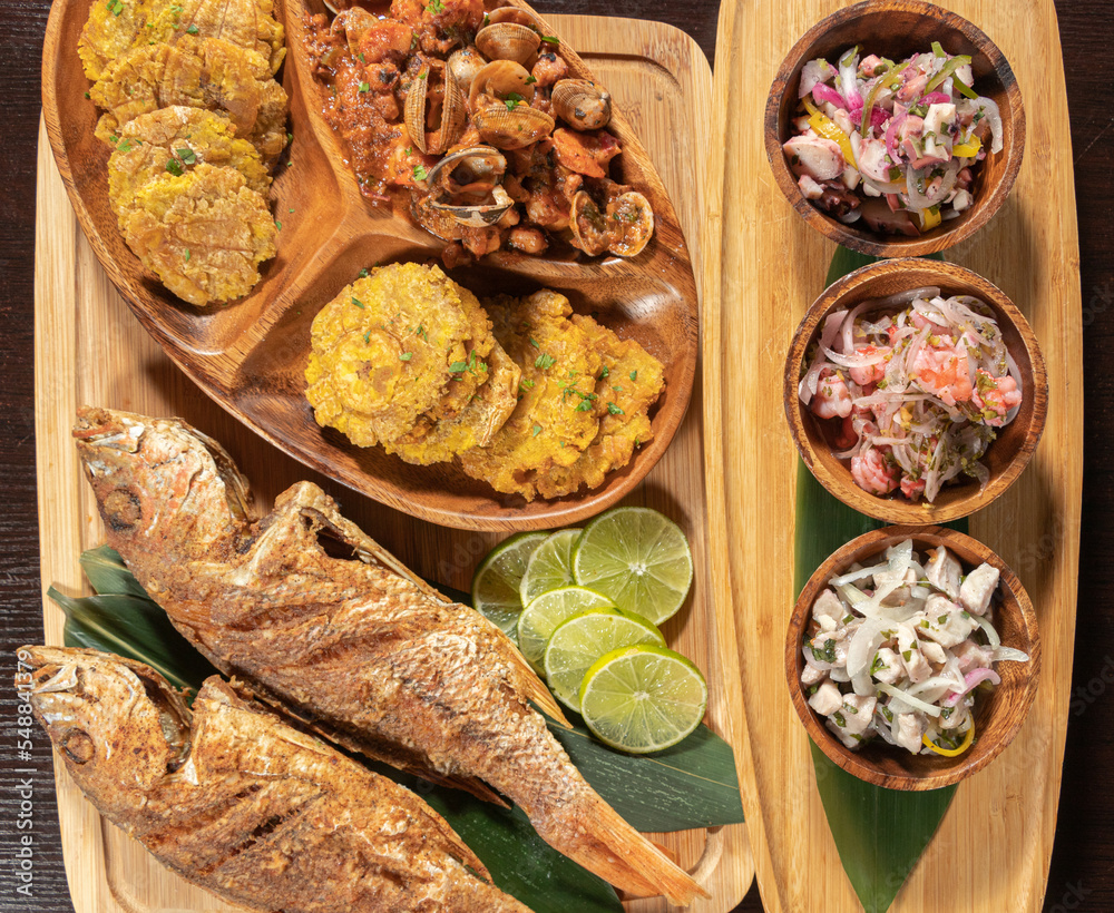fried fish with patacones and ceviche, typical panama dish, patacones ...