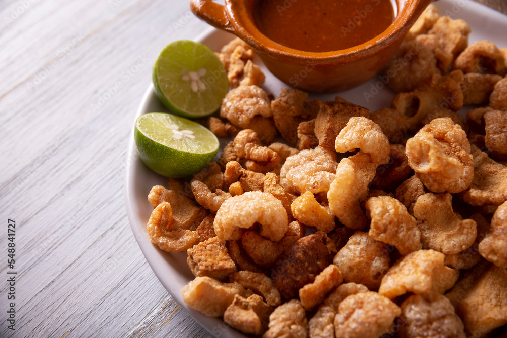 Chicharrones. Deep fried pork rinds, crispy pork skin pieces ...