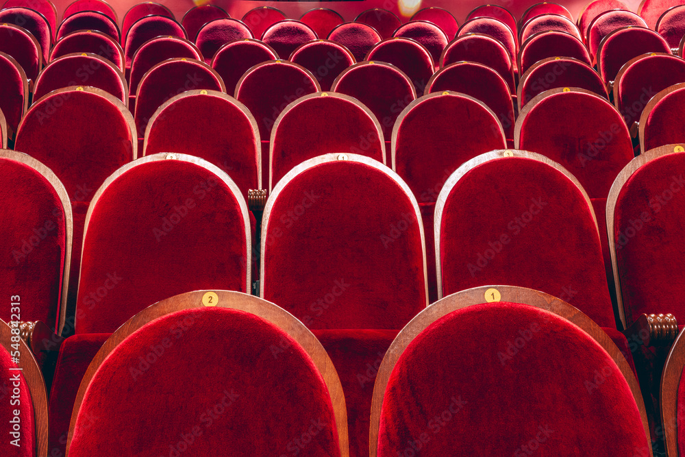 Seats at the opera. Classic red velvet for stage art. Stock Photo ...