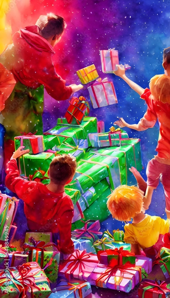 The children are tearing open their presents with excitement. bows and ...