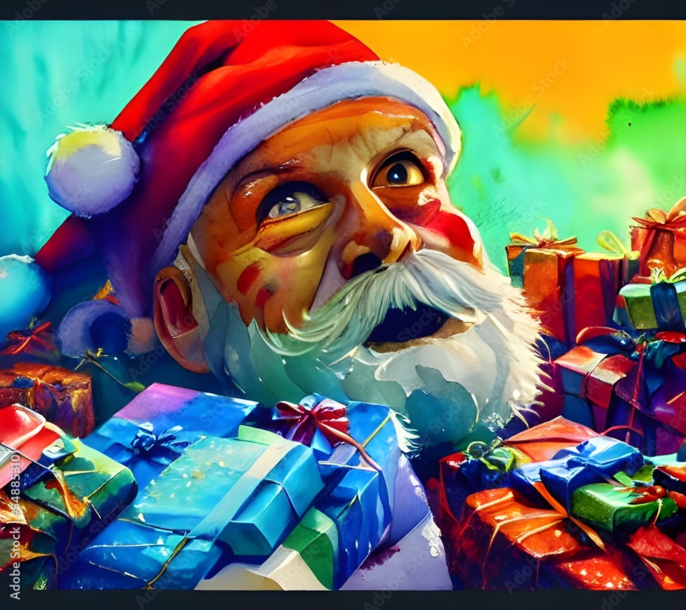 The picture shows a stack of presents with colorful wrapping paper and ...