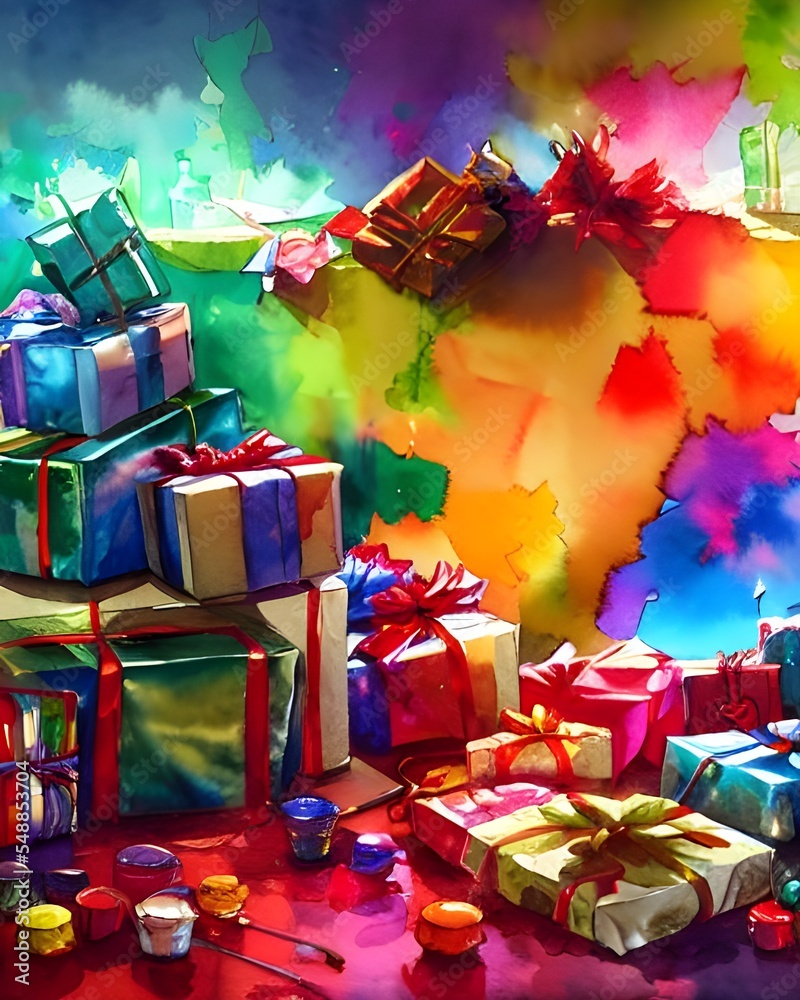 The image shows several wrapped presents beneath a Christmas tree. The ...