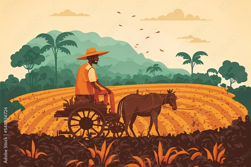 Indian Agriculture Working. Farmer Harvesting In Field Asia 2D ...