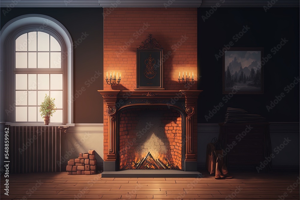 Fireplace Realistic Composition With Indoor Interior View And Classic ...
