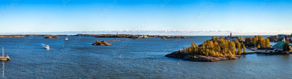 Aerial scenery panorama of an archipelago of islands with outbuildings ...