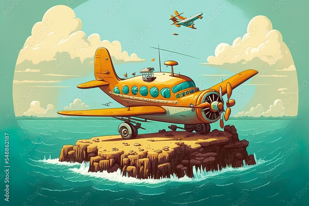 Small Airplane At Suncartoon Style Ocean Cartoon Landscape Stock ...