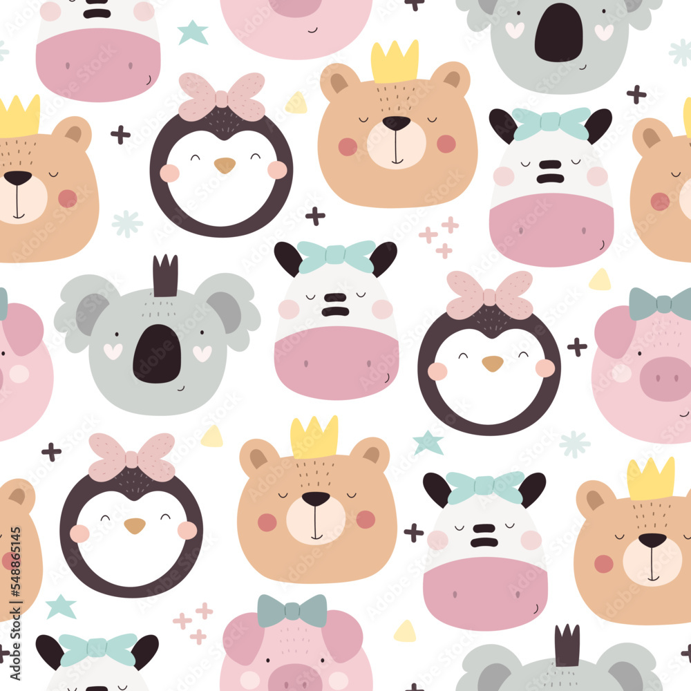Seamless pattern with cute animals, decor elements. simple flat vector ...