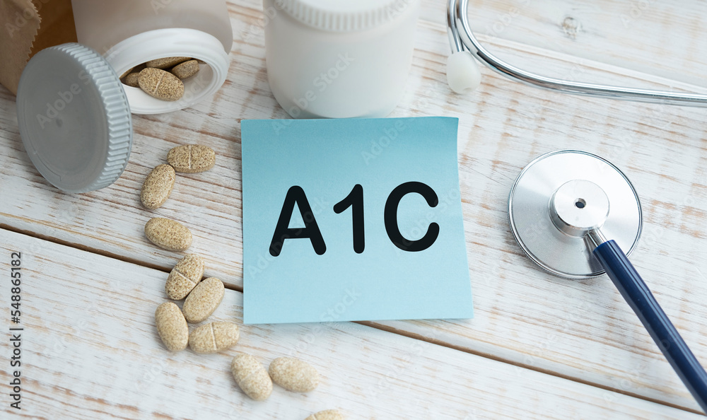 Blood sample for hemoglobin A1C test text, diabetes diagnosis, on white ...