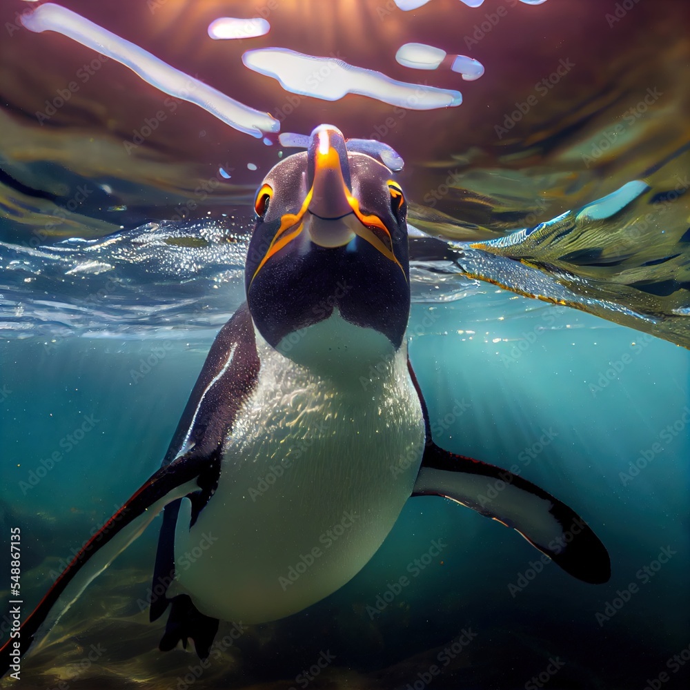a penguin swimming in the water with a sun shining on it's face and ...
