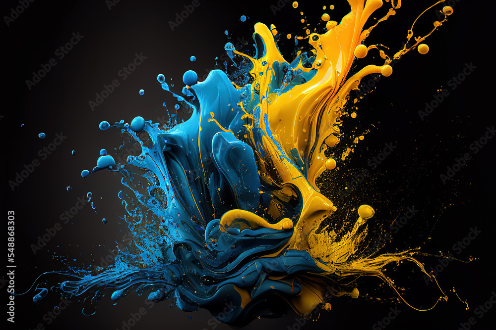 Blue and yellow varnish colors merging together on a dark background ...