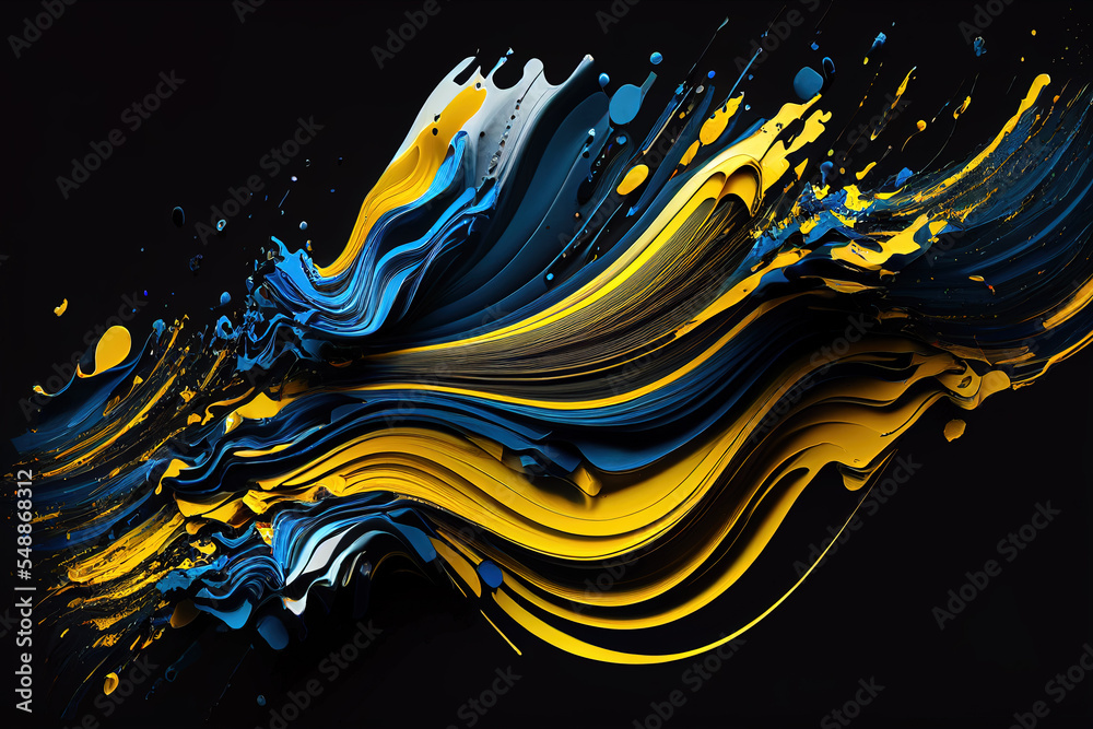 Blue and yellow varnish colors merging together on a dark background ...