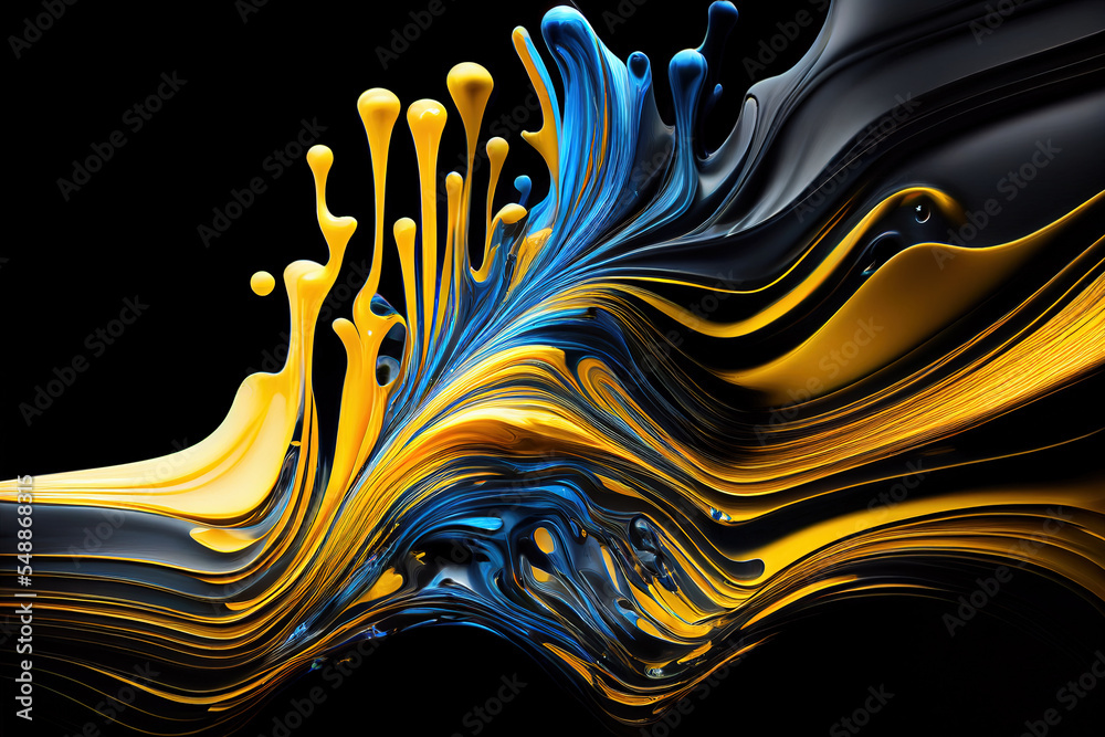 Blue and yellow varnish colors merging together on a dark background ...