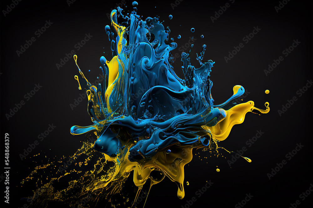 Blue and yellow varnish colors merging together on a dark background ...