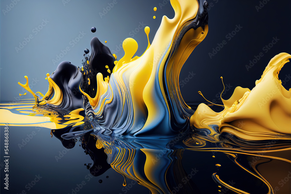 Blue and yellow varnish colors merging together on a dark background ...