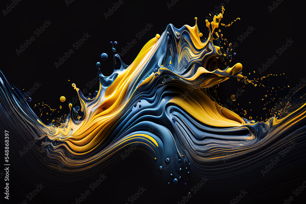 Blue and yellow varnish colors merging together on a dark background ...