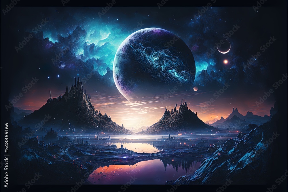 Modern Futuristic Fantasy Night Landscape With Abstract Islands And ...