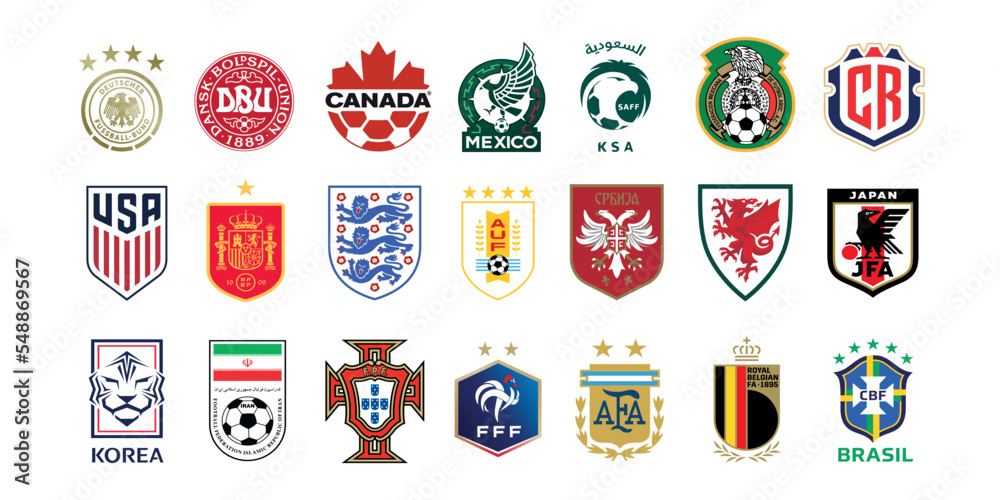 World cup Football team logo collection: Brazil, Spain, France,Wales ...
