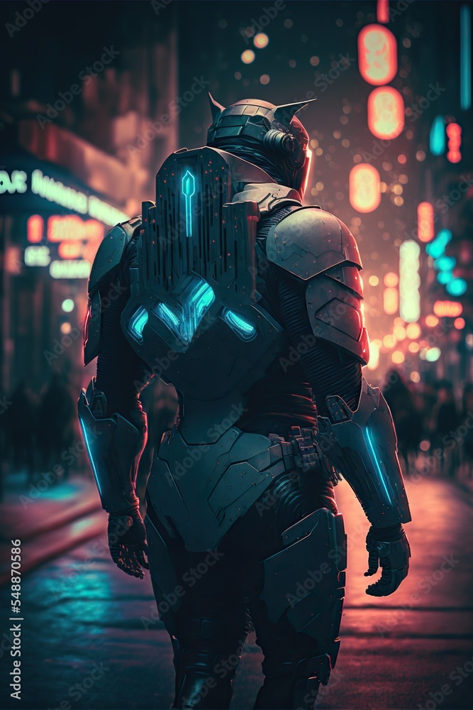 Cyberpunk knight in night city streets. Neon black armor. Back view of ...