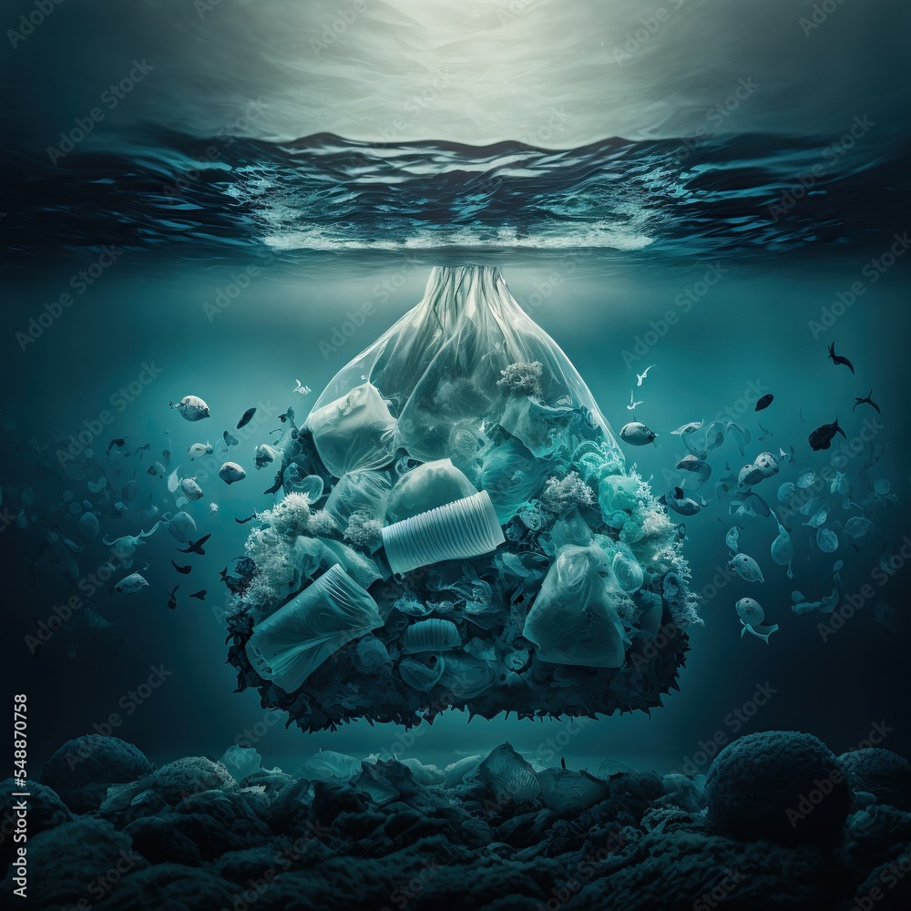 Under water image with plastic trash garbage and pet bottles. Litter in ...