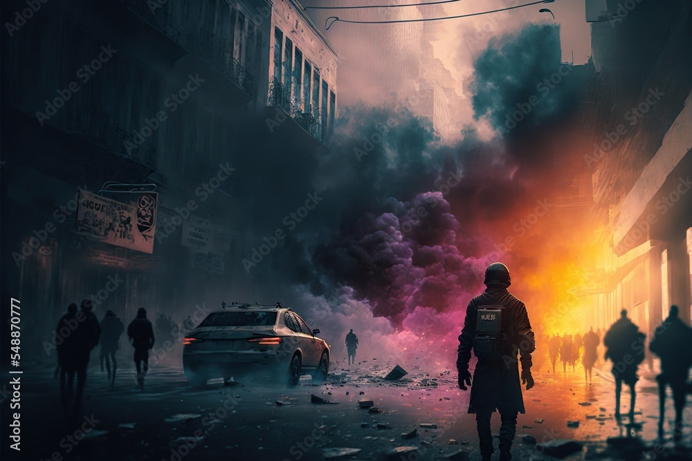 Riots and chaos on the streets of big city amidst protests. Fire and ...