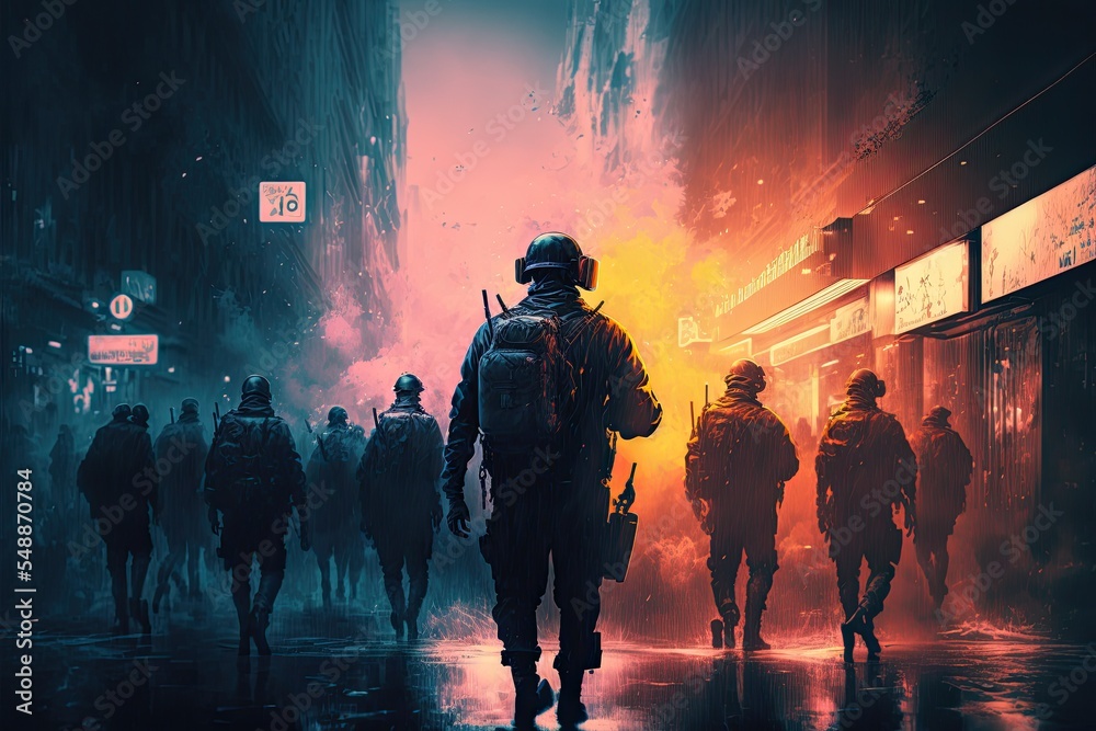 Riots and chaos on the streets of big city amidst protests. Fire and ...