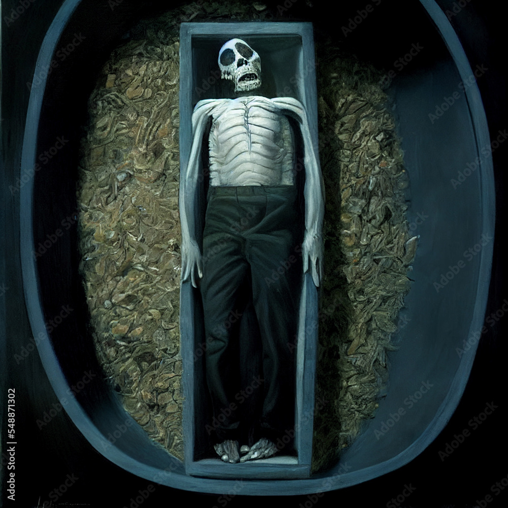A decomposed corpse lies in a coffin. Skeleton of a decomposed man ...