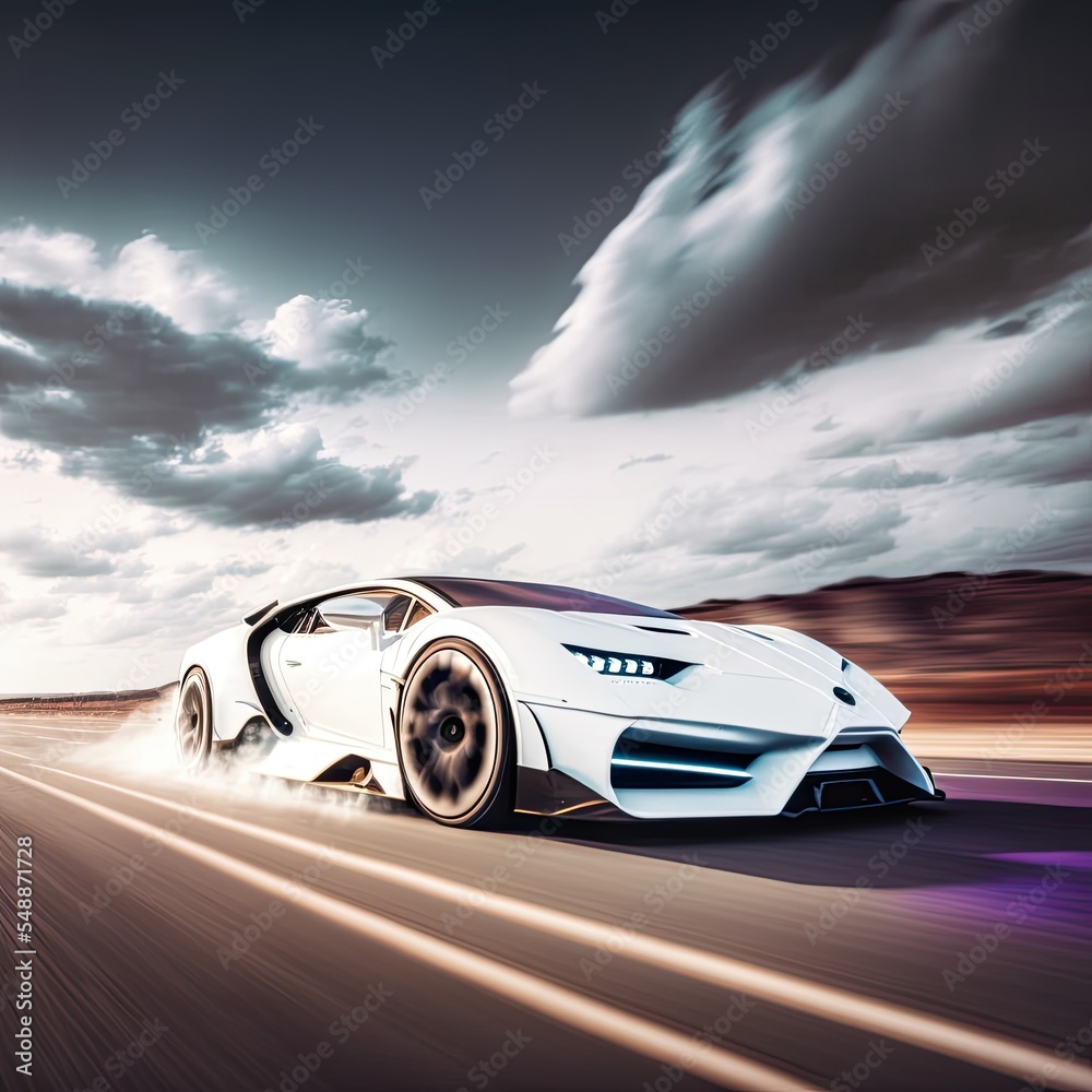 Epic white sports car concept full speed on race test course. 3d render ...