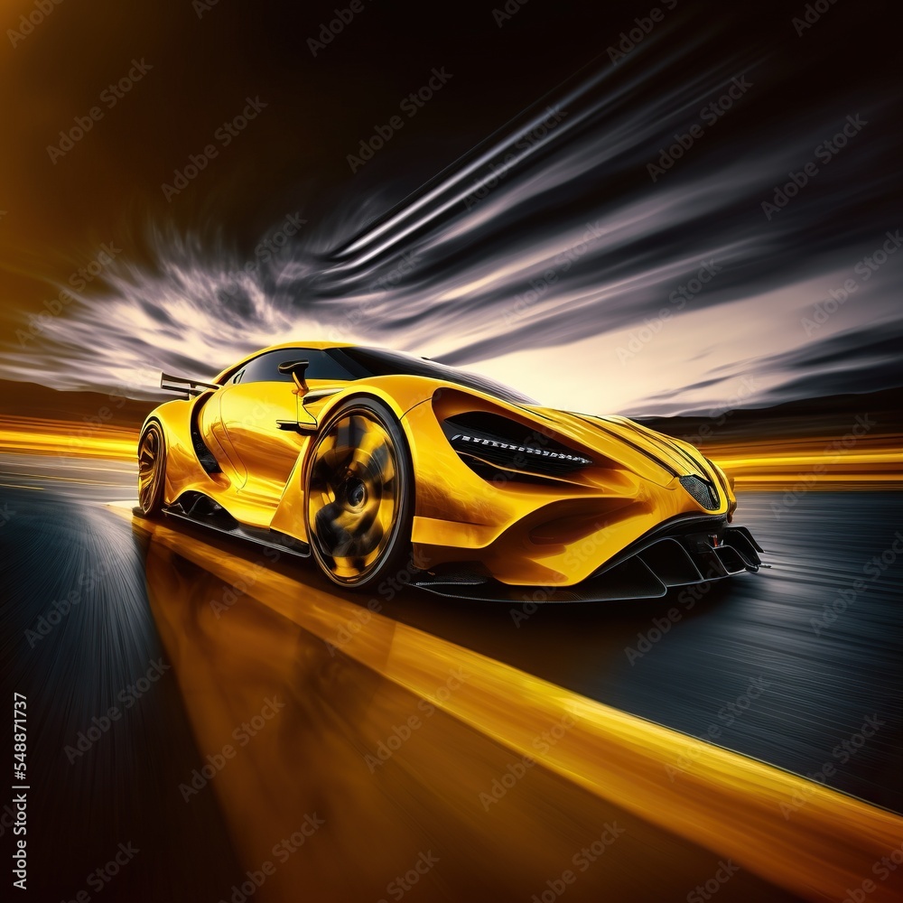 Epic yellow sports car concept full speed on race test course. 3d ...