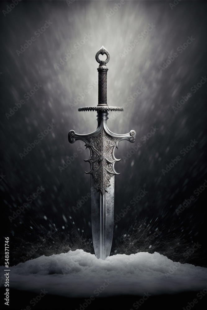 Epic medieval gothic ornate sword in stone with snow and wind weather ...