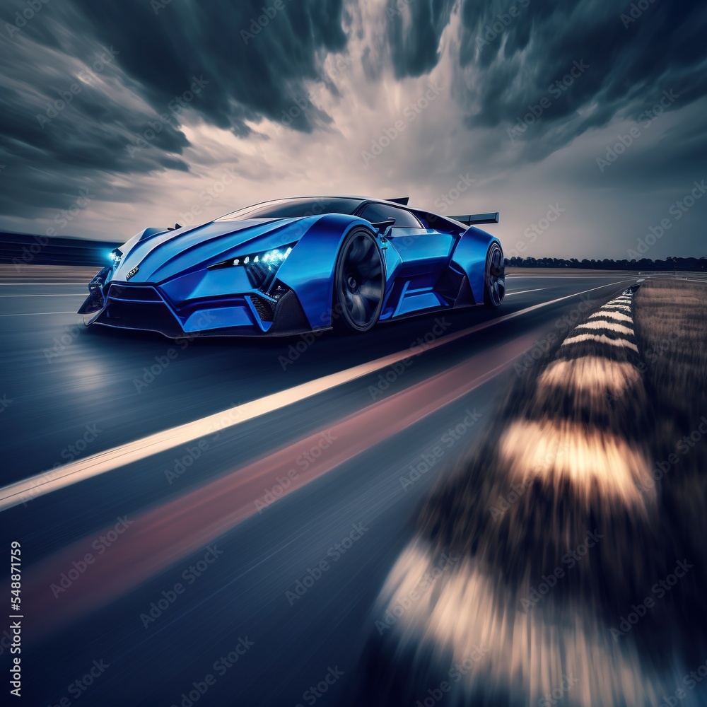 Epic blue sports car concept full speed on race test course. 3d render ...