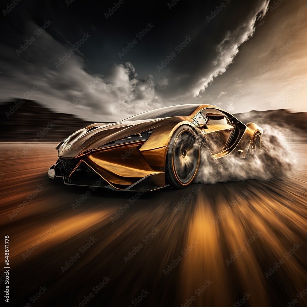 Epic gold sports car concept full speed on race test course. 3d render ...