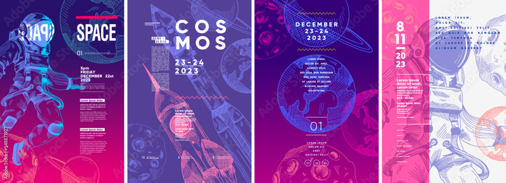 Space. Astronaut. Poster design. Set of vector illustrations ...
