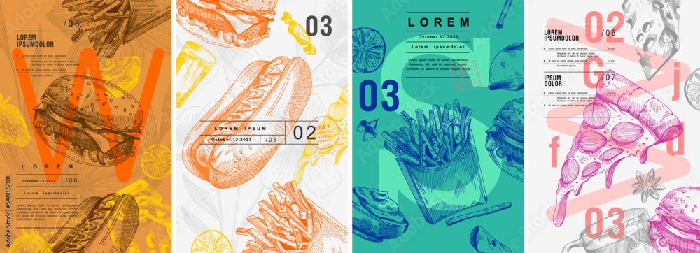 Fast food, hamburger, sandwich, fries, pizza. Price tag or poster ...