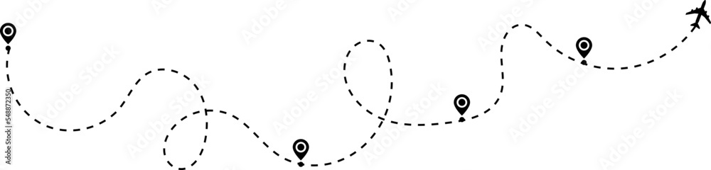 Airplane path in a dotted line shape. pin map marker pointer sign ...