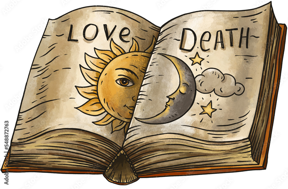Vintage open book with a moon face and sun, transparent png ...