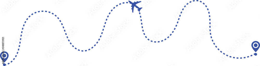 Airplane path in a dotted line shape. Airplane line routes set ...