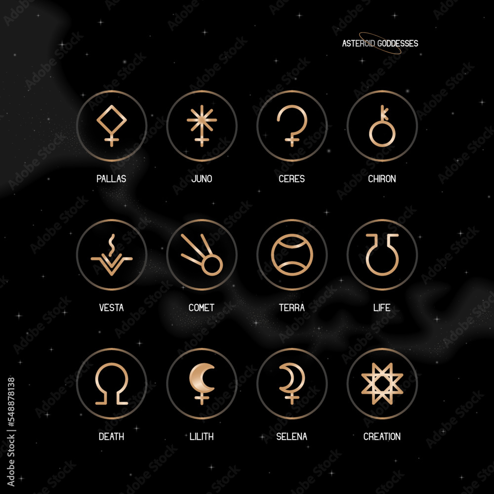 ASTEROID GODDESSES zodiac horoscope thin line label linear design ...