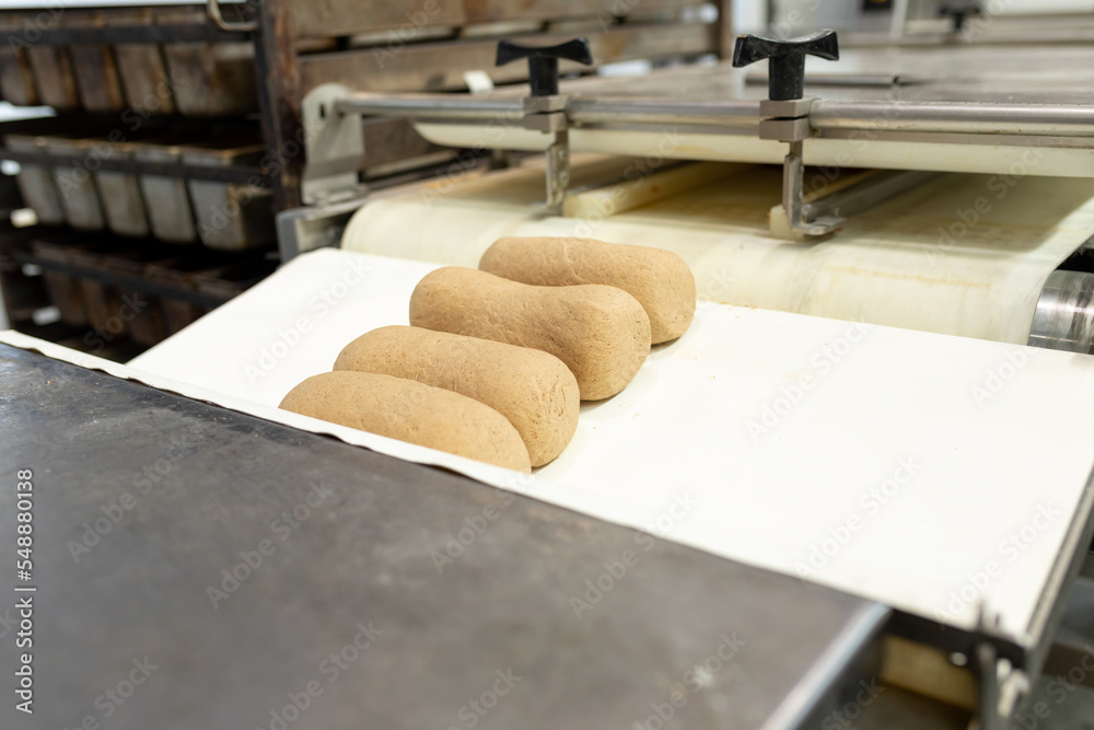 Molded dough products lie on metal plates in rack at bakery. One of ...
