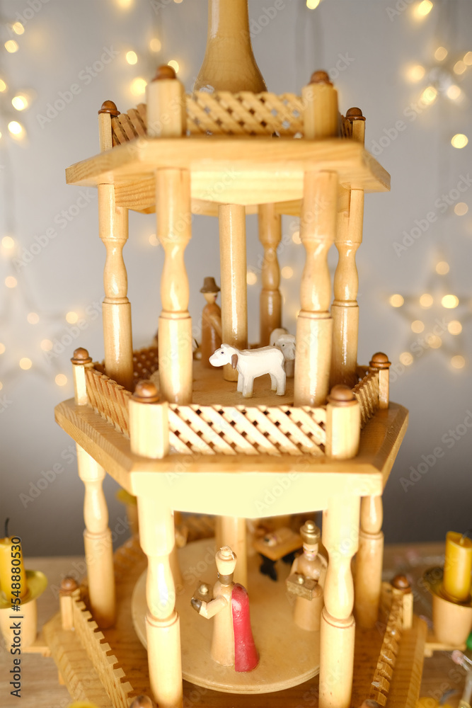 Christmas wooden pyramid with nativity scene turn, carving Christmas ...