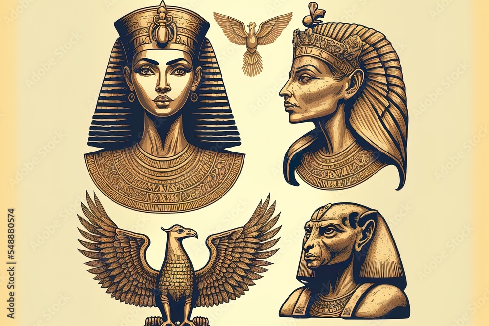 Ancient Egypt Symbols. Sphinx And Nefertiti, Horus And Scarabaeus, Traditional Religion, 2D ...