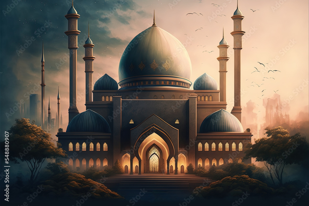 Eid Al Adha Mubarak Ramadan Kareem Mosque Or Masjid 2D Illustrated ...