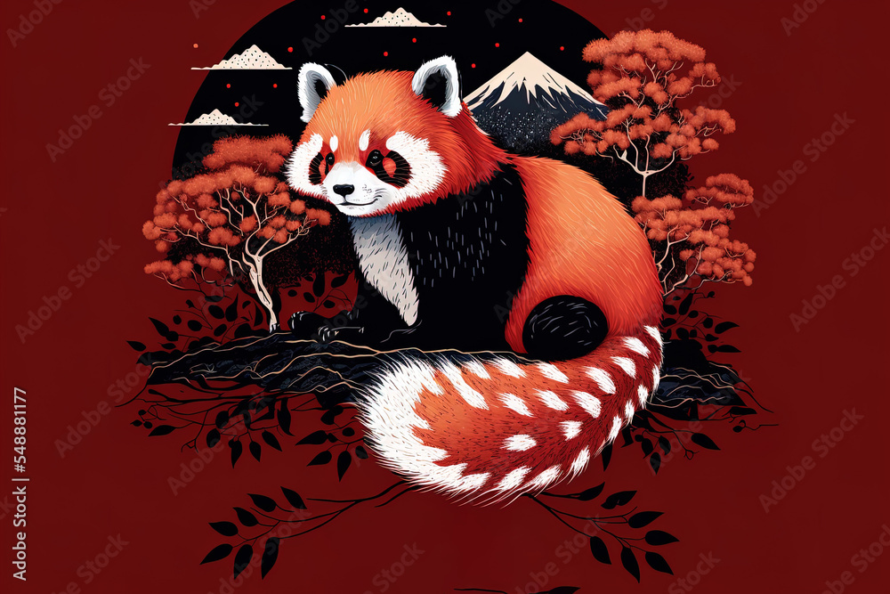 Red Panda Design With Japanese Style Illustration For Background Stock ...