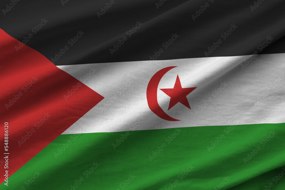 Western Sahara flag with big folds waving close up under the studio ...