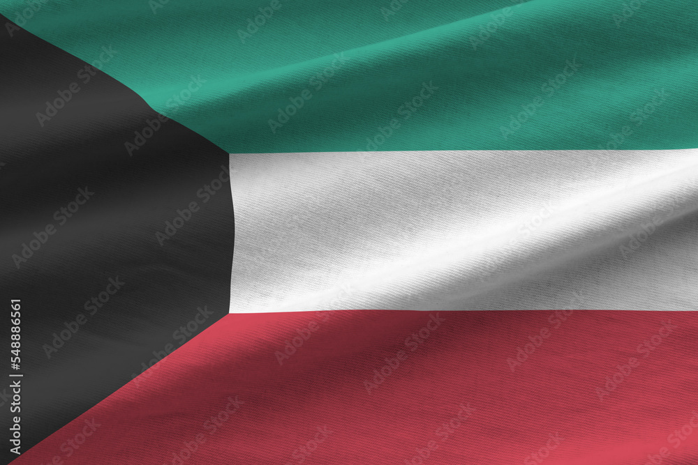 Kuwait flag with big folds waving close up under the studio light ...