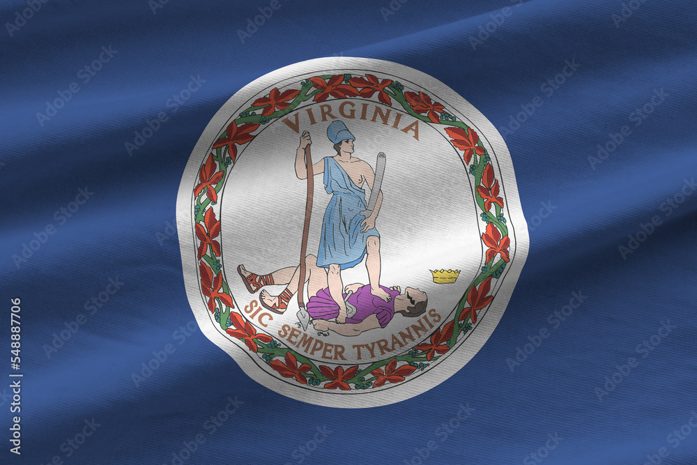 Virginia US state flag with big folds waving close up under the studio ...